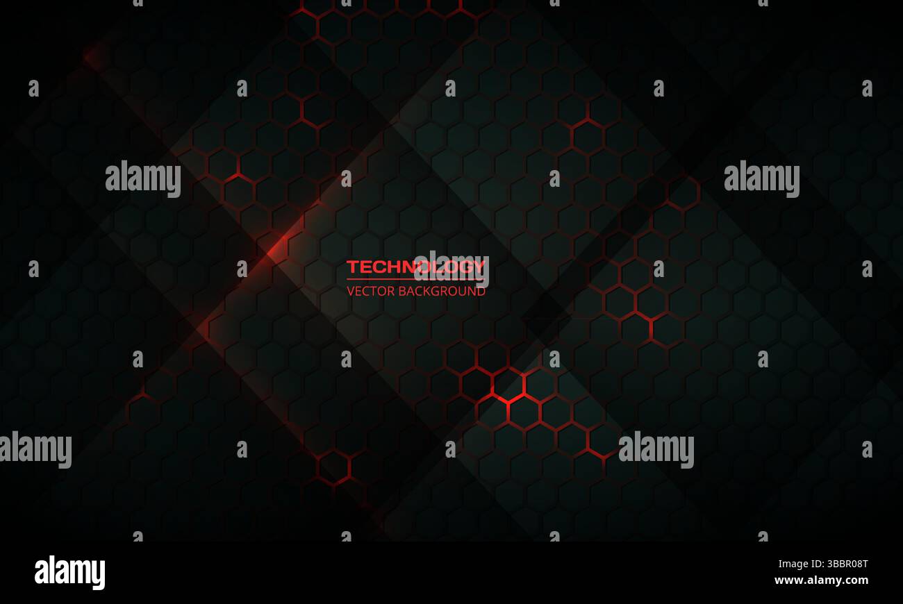 Dark hexagonal technology vector abstract background. Red bright energy flashes under hexagon in ...