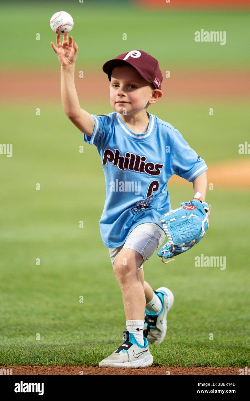 Philadelphia Phillies fan Boden Lewis throws out the first pitch prior ...