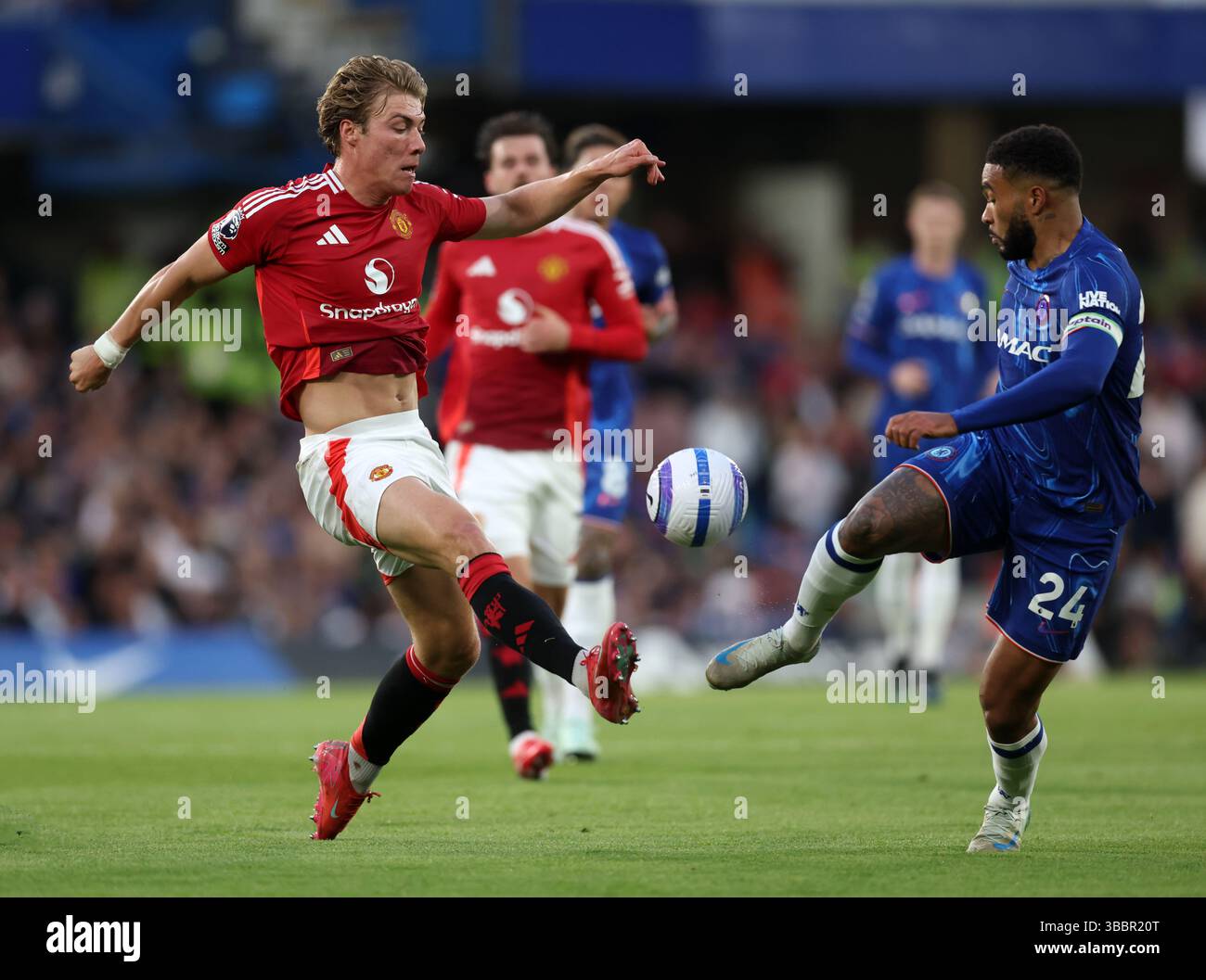 London, UK. 16th May, 2025. Reece James of Chelsea with Rasmus Højlund ...
