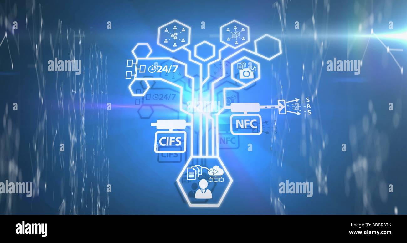 Displaying central network diagram glowing in virtual dashboard, with hexagonal protocol icons ...