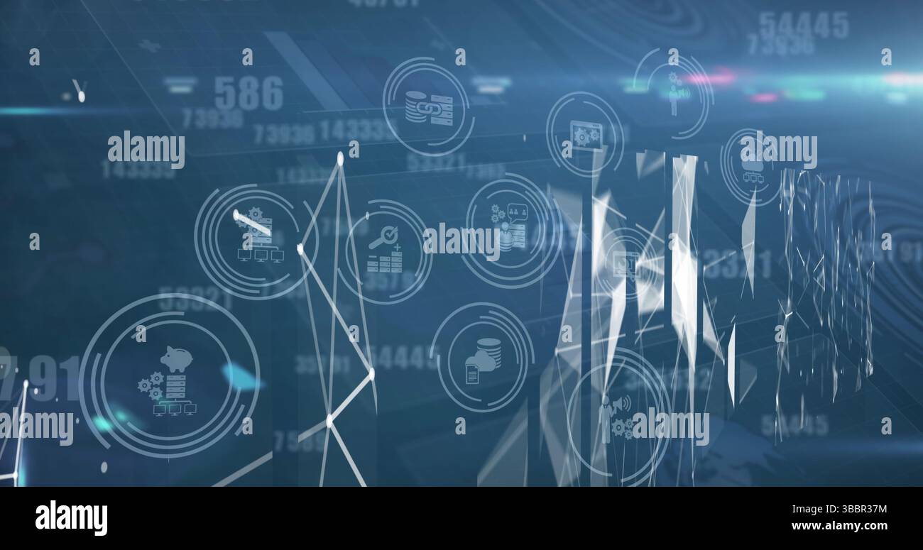 Showing cluster of holographic finance icons linking in virtual 3D hub ...