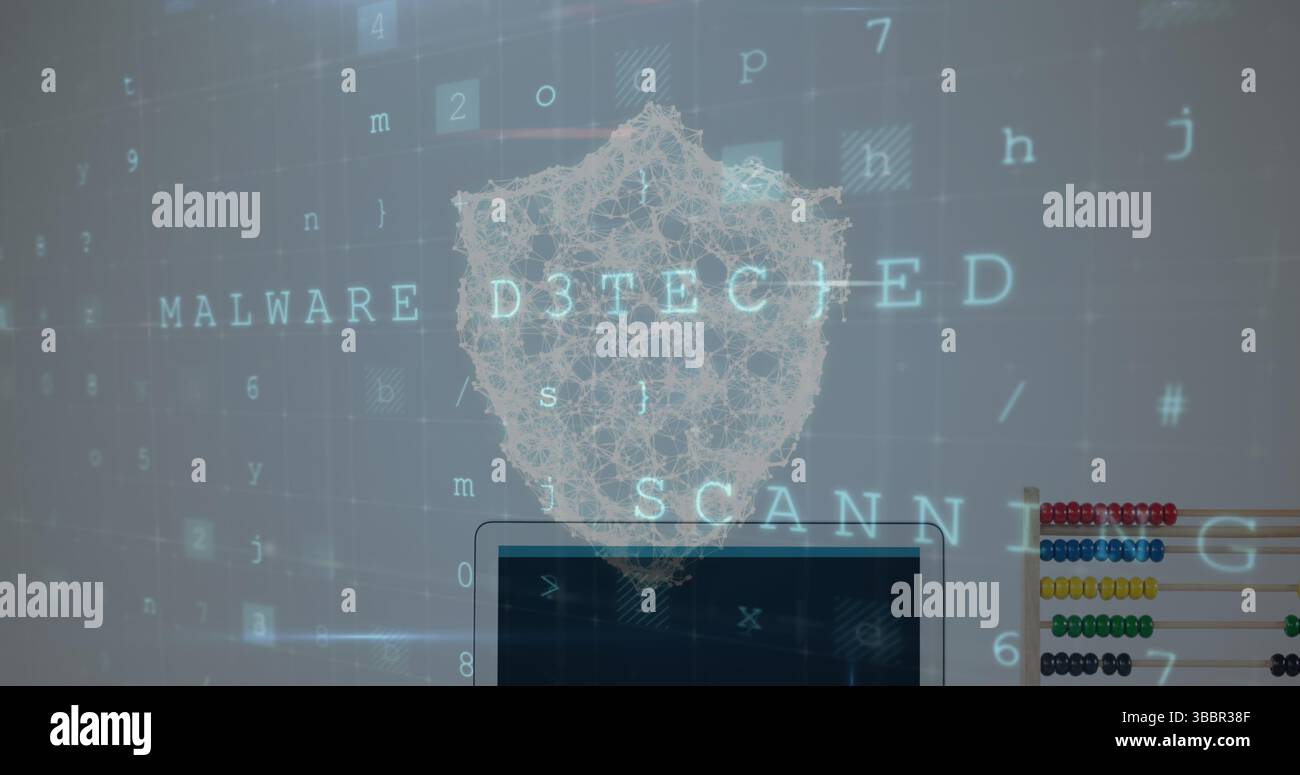 Displaying wireframe shield icon scanning on screen with MALWARE ...