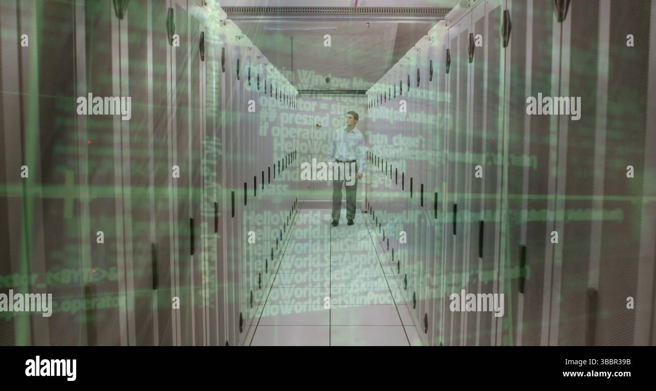 IT professional inspecting server racks in data center corridor, with ...