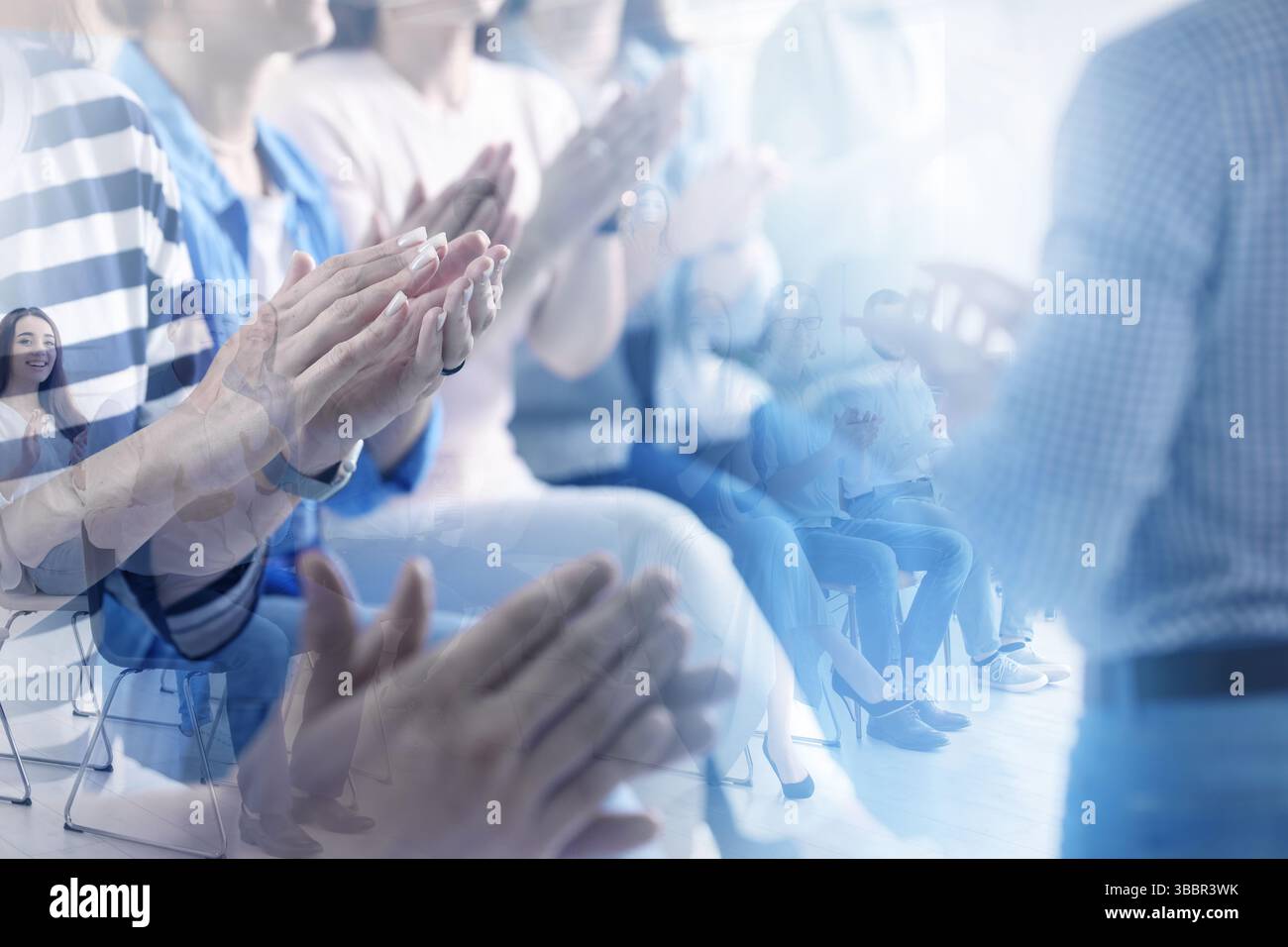 Group of people applauding to speaker, double exposure Stock Photo - Alamy