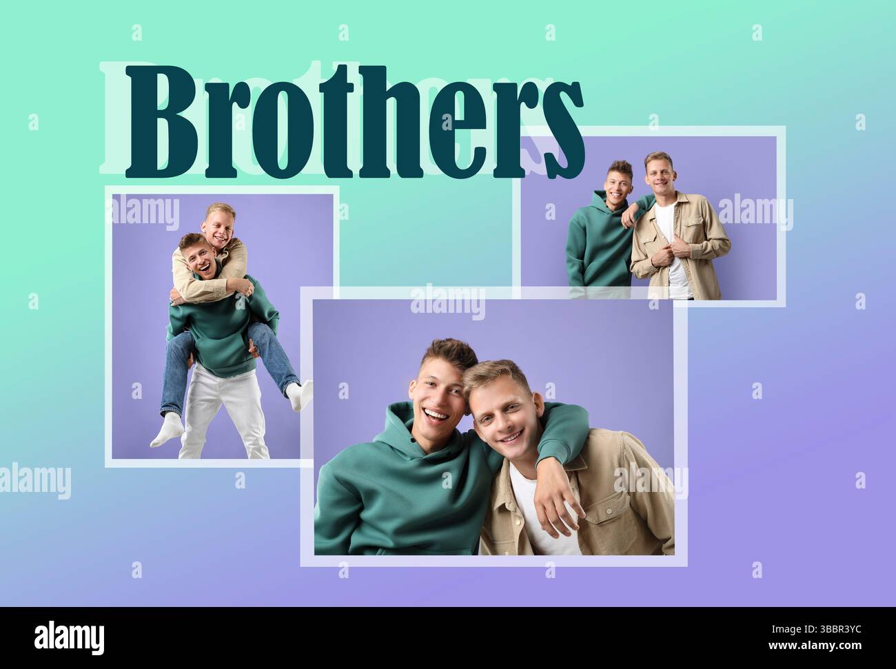 Collage with photos of smiling young men and word Brothers on color ...