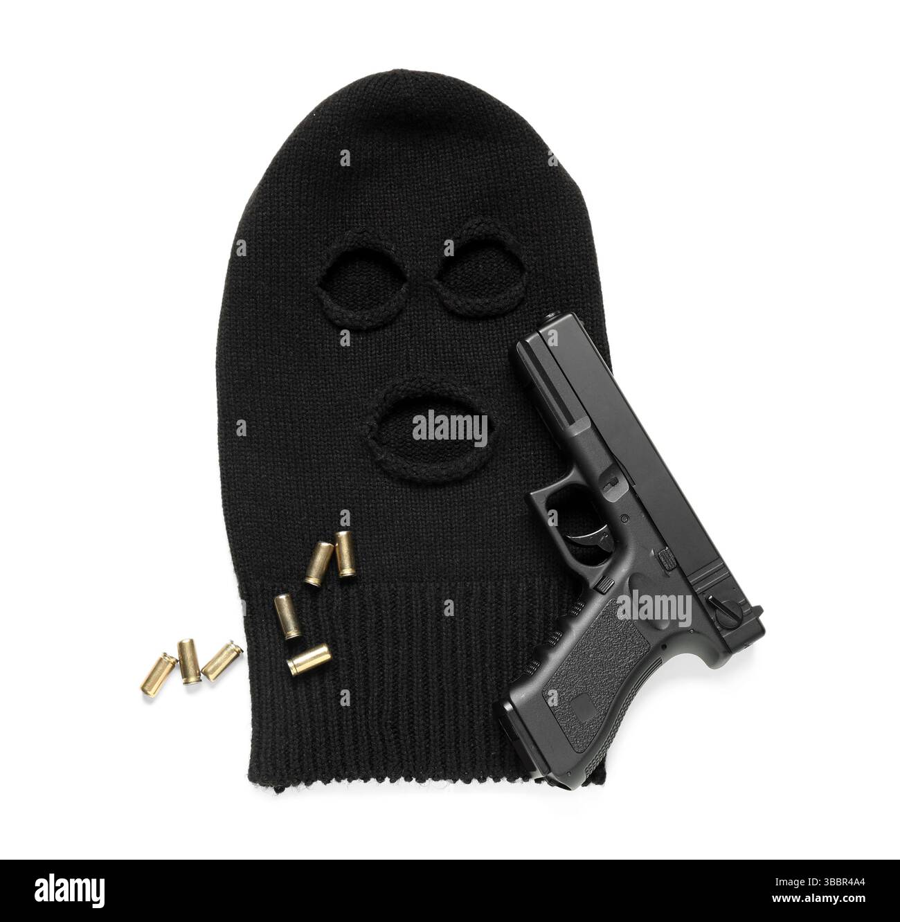 Balaclava with gun and bullets on white background Stock Photo - Alamy