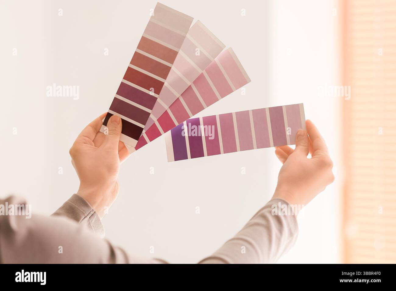 Female hands with violet paint palette swatches at home, closeup Stock ...