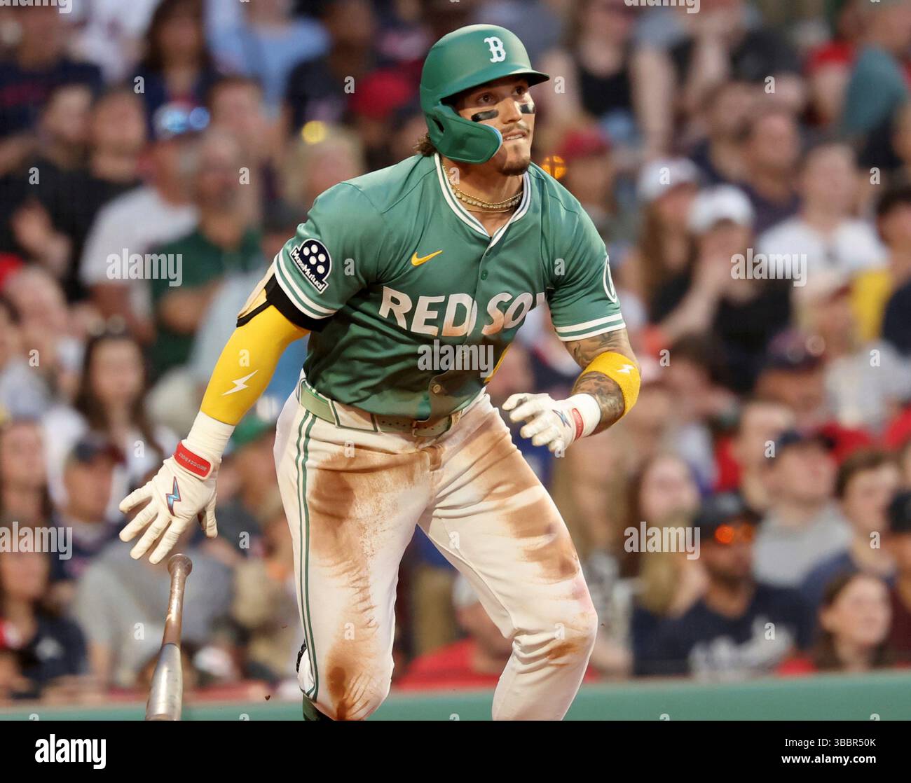 Boston Red Sox's Jarren Duran watches his triple during the third ...