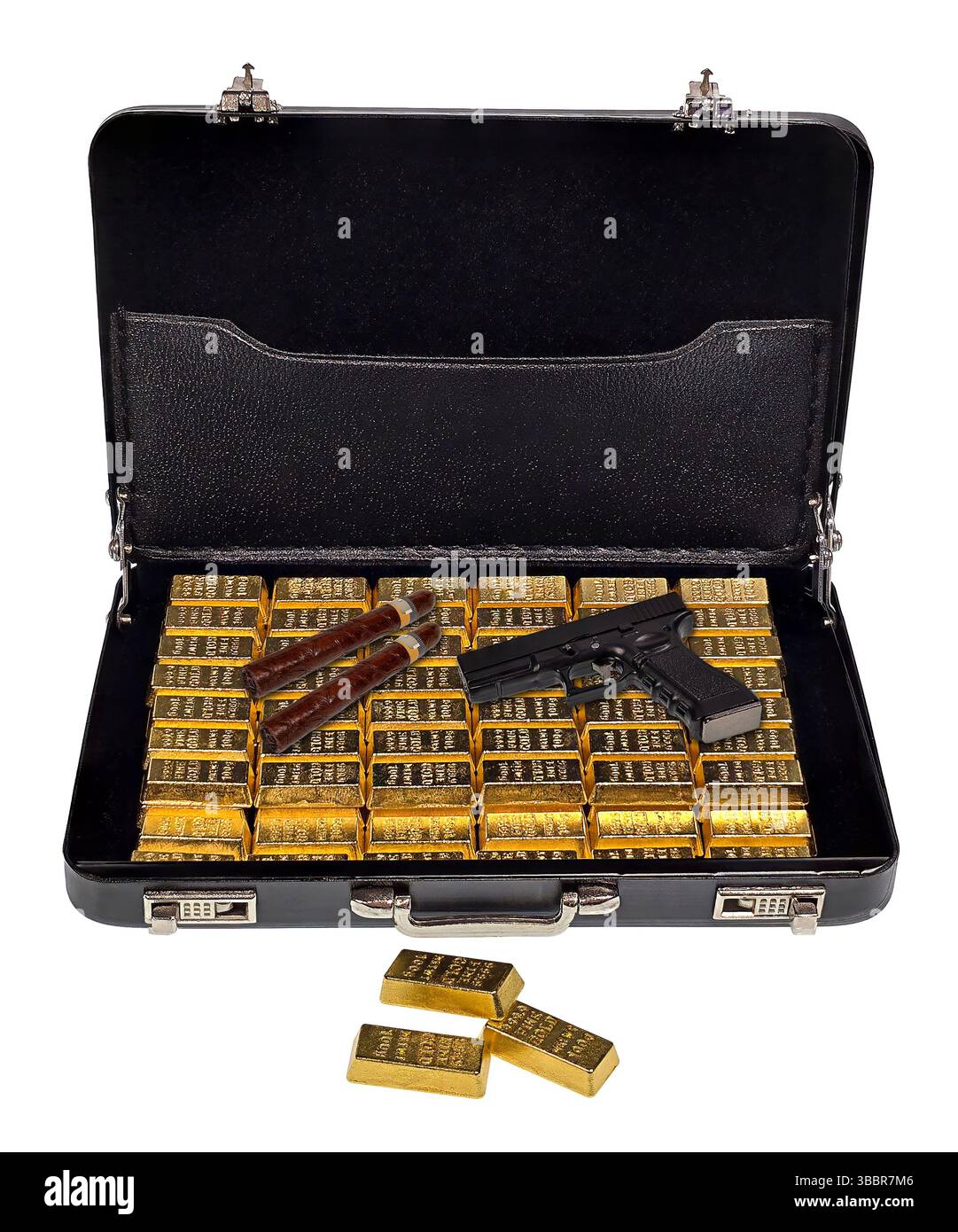 Gold bars lined up in a briefcase with cigars and a gun Stock Photo - Alamy