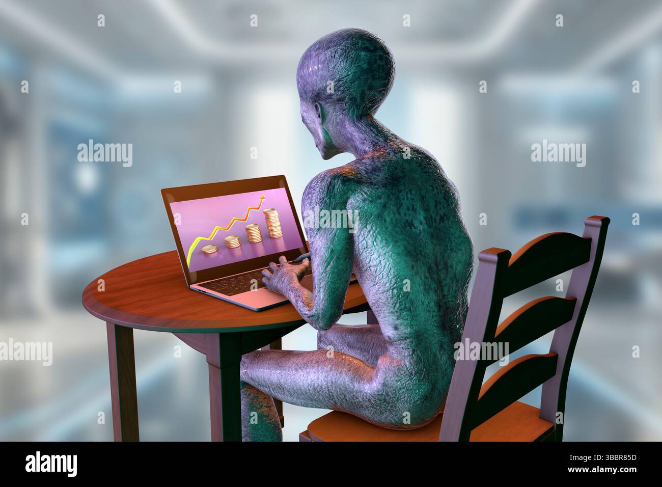 Illustration of a humanoid alien working on a laptop Stock Photo - Alamy