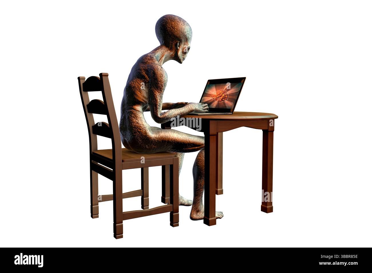 Illustration of a humanoid alien working on a laptop Stock Photo - Alamy