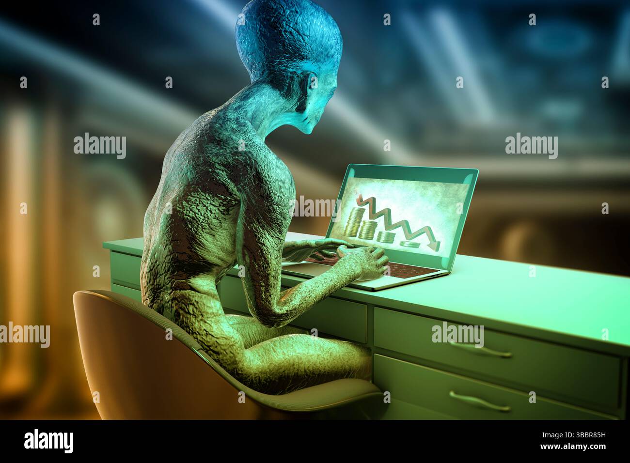 Illustration of a humanoid alien working on a laptop Stock Photo - Alamy