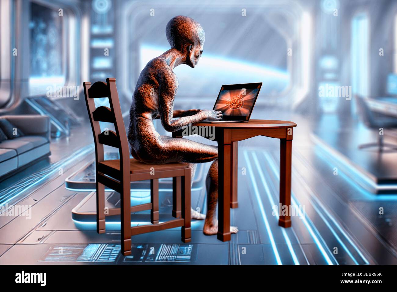 Illustration of a humanoid alien working on a laptop Stock Photo - Alamy