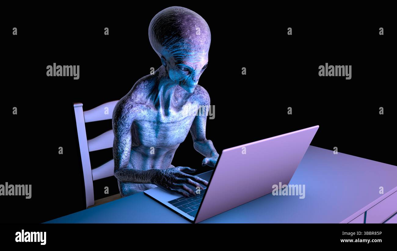 Illustration of a humanoid alien working on a laptop Stock Photo - Alamy
