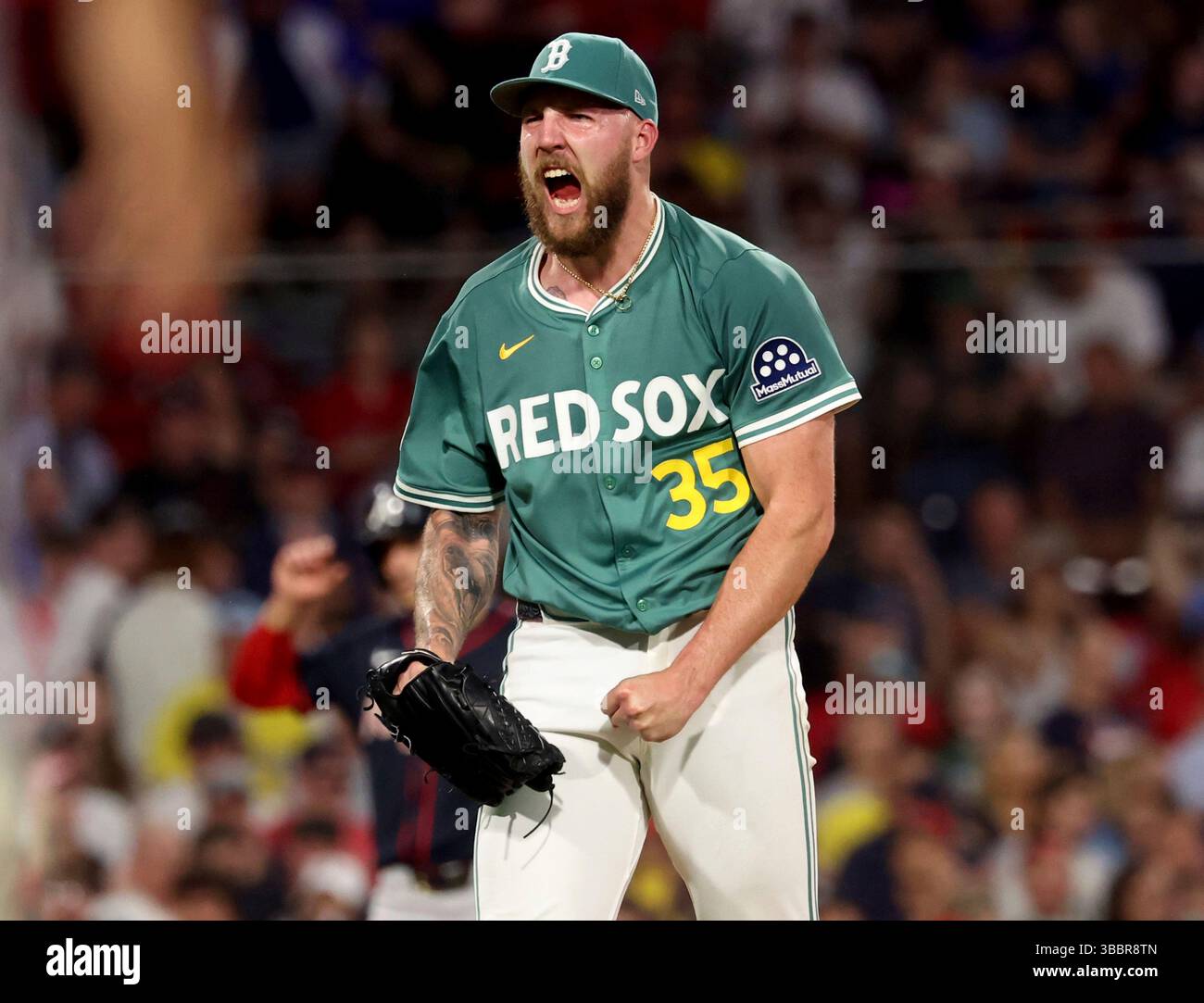 Boston Red Sox pitcher Garrett Crochet reacts after striking out ...