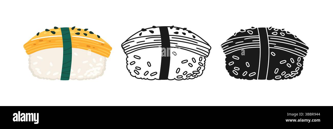 Sushi Nigiri with omelet symbol cartoon set. Traditional Asian Japanese ...
