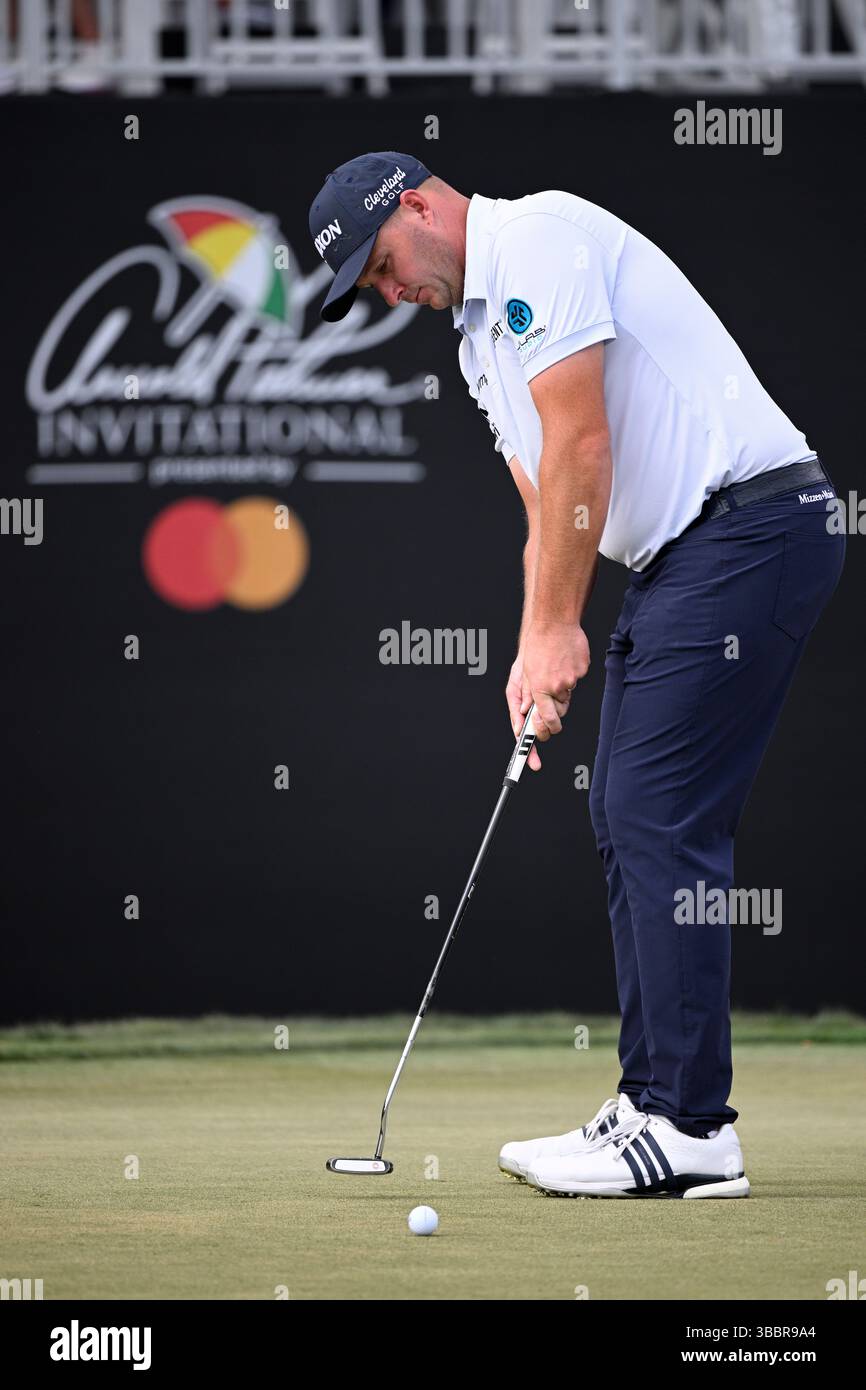 Sepp Straka, of Austria, watches his putt on the 14th green during the ...