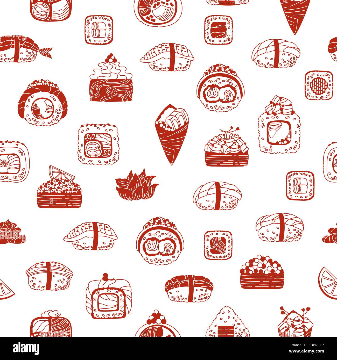 Sushi cartoon seamless pattern. Traditional Asian Japanese food ...