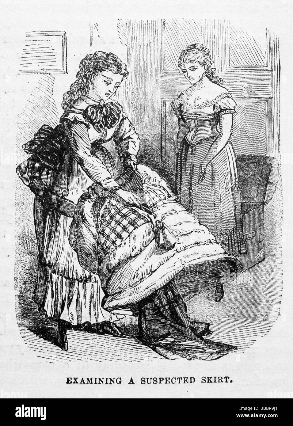 Examining a suspected skirt (1878). Depicts a woman cutting open ...