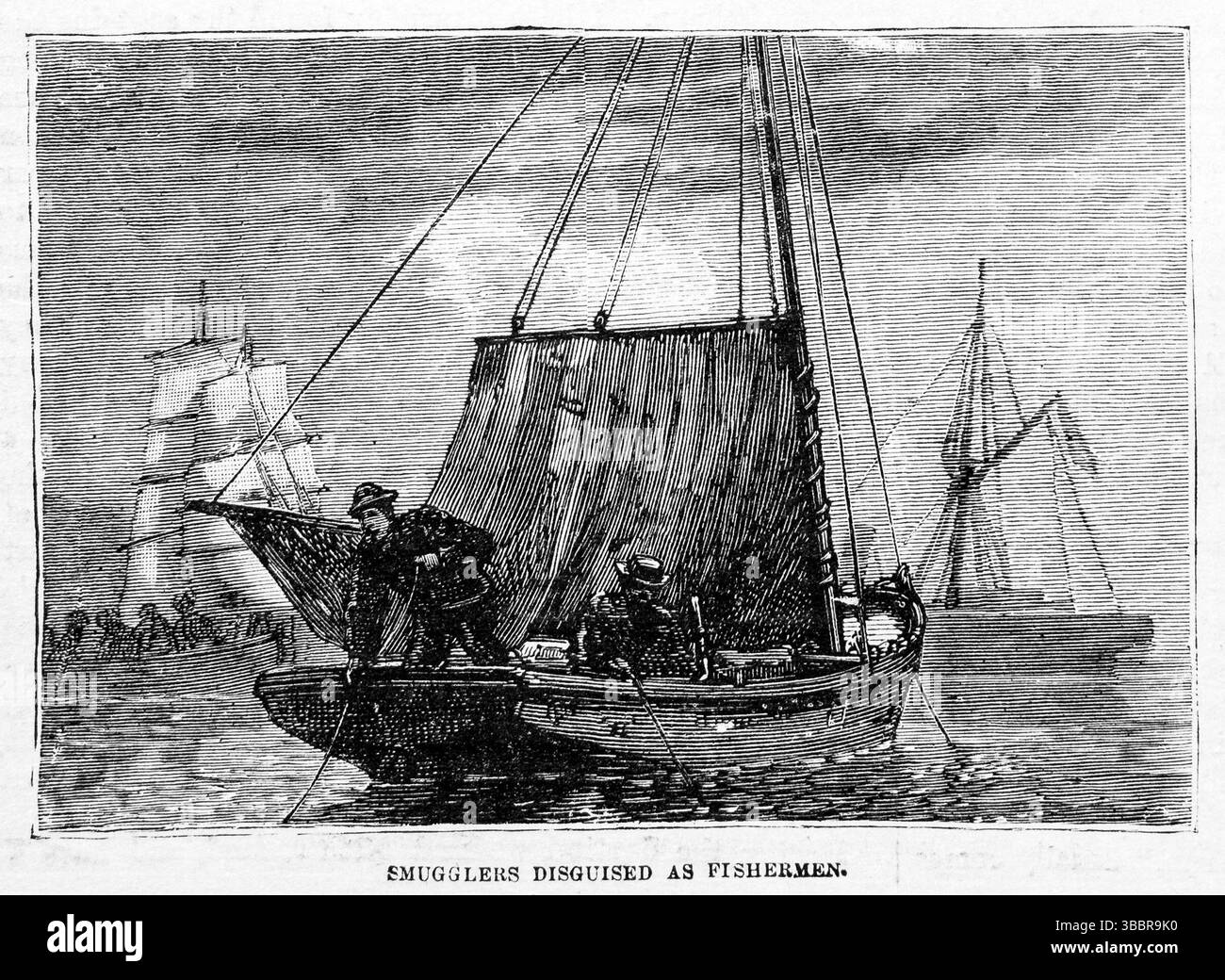 Smugglers disguised as fishermen (1878). Depicts illegal smuggling in ...