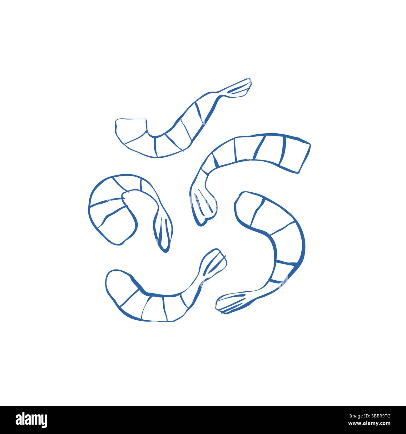 Set of five hand-drawn shrimps in blue made with a single uneven line ...