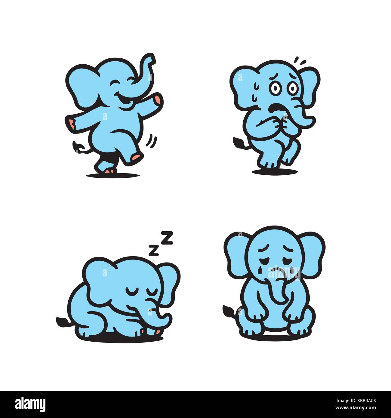 Cute Cartoon Elephant Emotions Set, Happy, Scared, Sleepy, Sad Stock ...