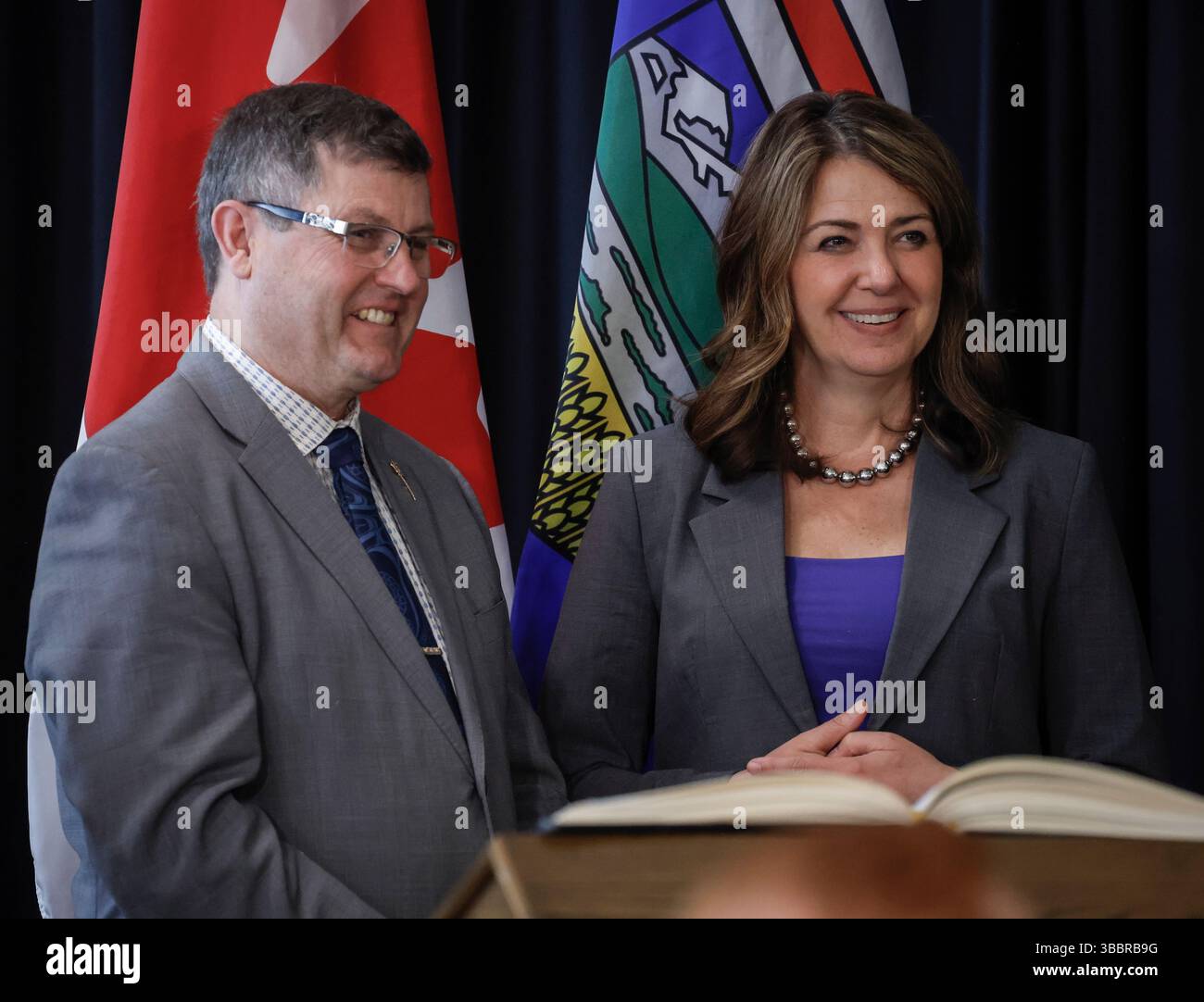 Calgary, Canada. 16th May, 2025. Alberta Premier Danielle Smith, right ...