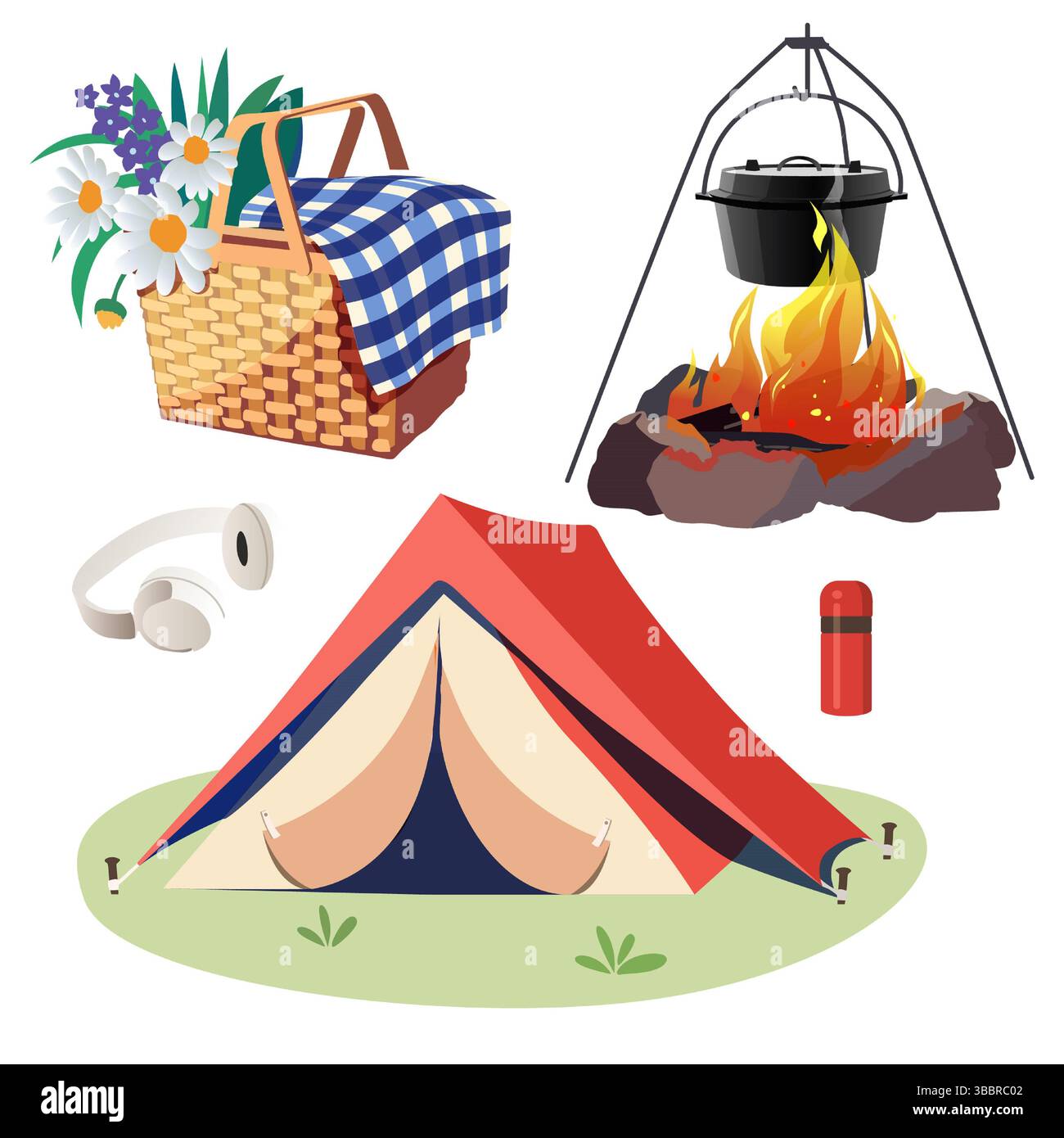 Camping setup with a tent, picnic basket, and cooking over a fire Stock ...