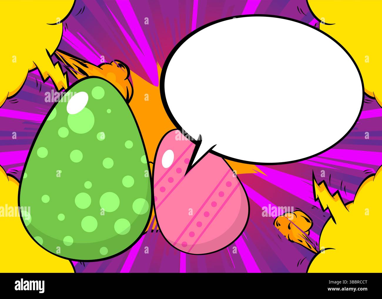 Cartoon Easter Egg with blank speech bubble, comic book ... background. Retro vector comics pop ...