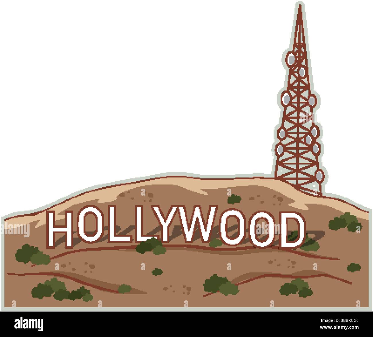 Vector illustration of Hollywood hills with a communication tower ...