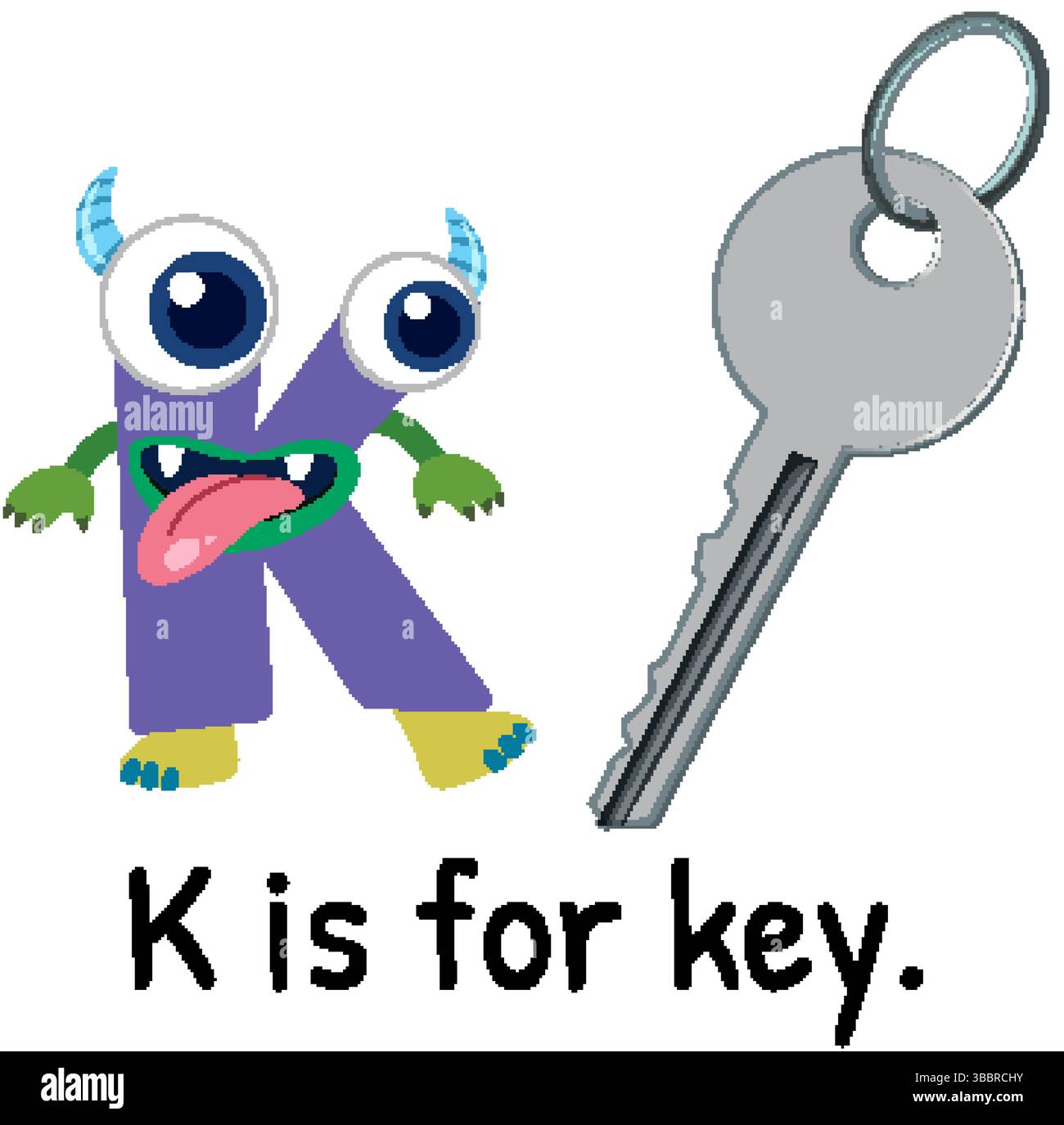 Colorful vector illustration of a cartoon letter K monster with a key ...