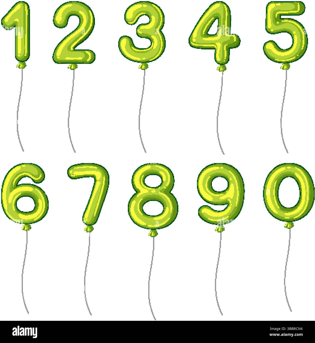Bright green balloons shaped as numbers 0-9. Clean vector style with ...