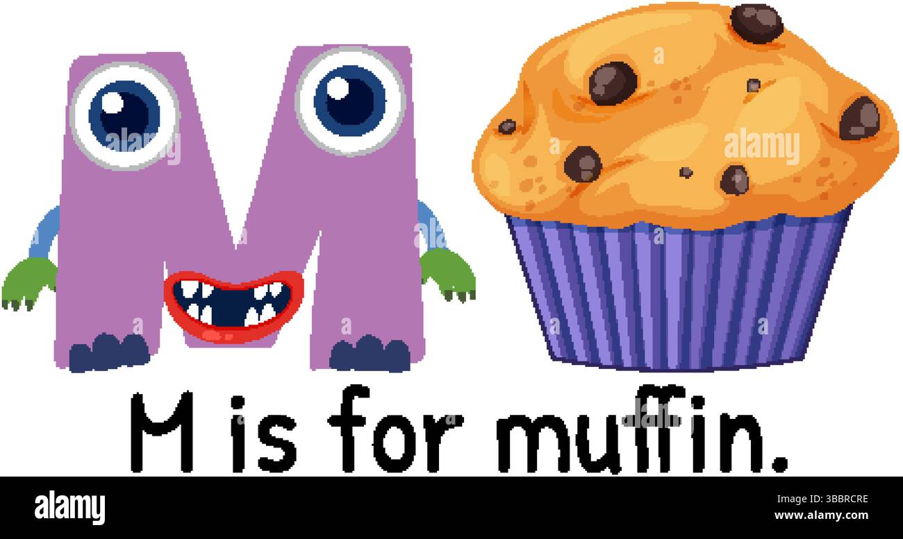 Colorful vector illustration of letter M as a character with a muffin ...