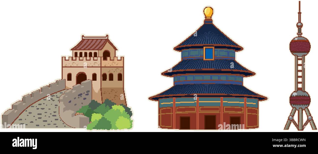 Vector illustration of famous Chinese landmarks with clean lines and ...