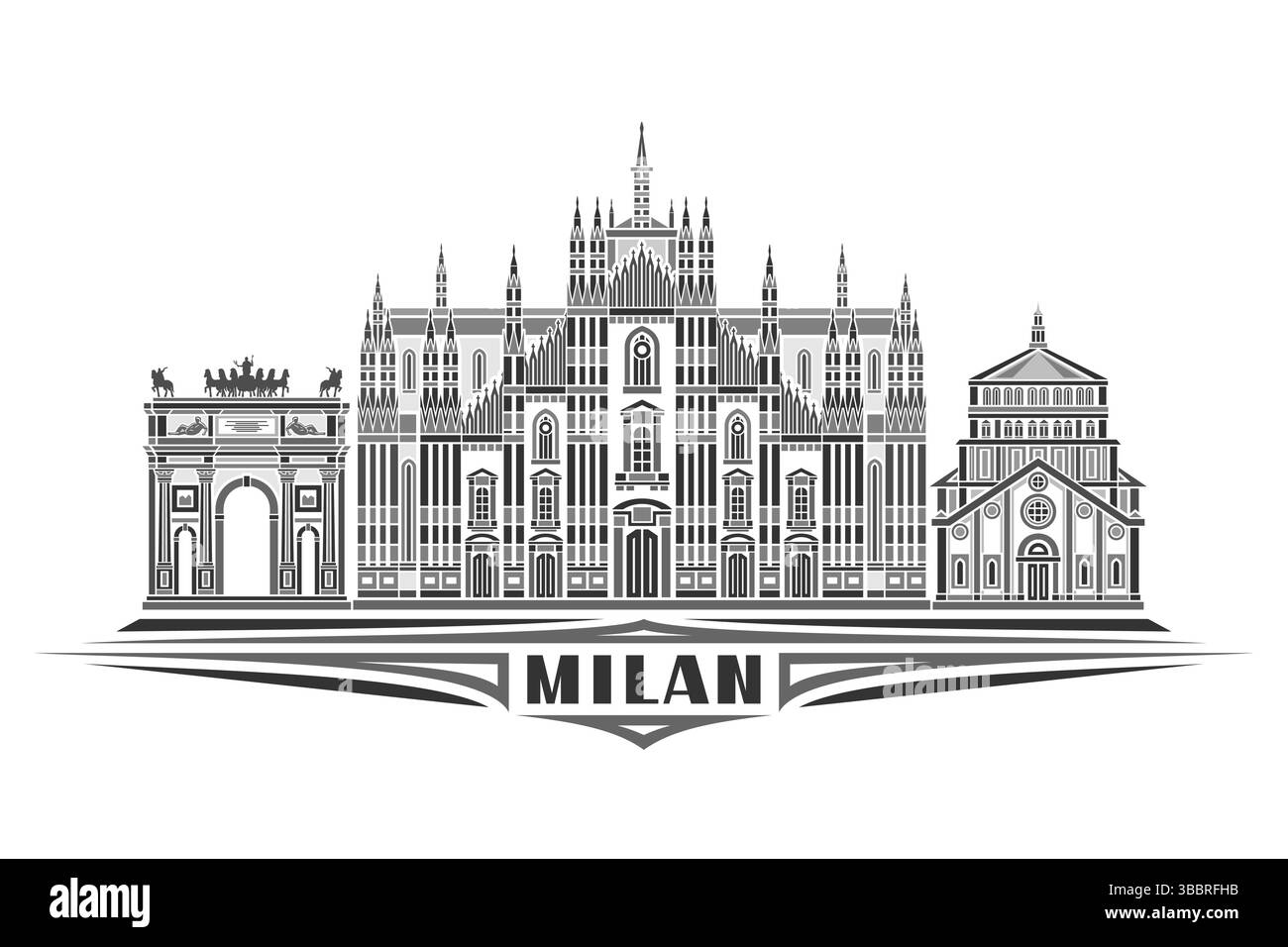 Vector illustration of Milan, monochrome horizontal card with linear ...