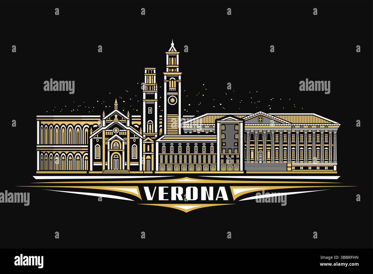 Vector illustration of Verona, dark horizontal card with linear design ...