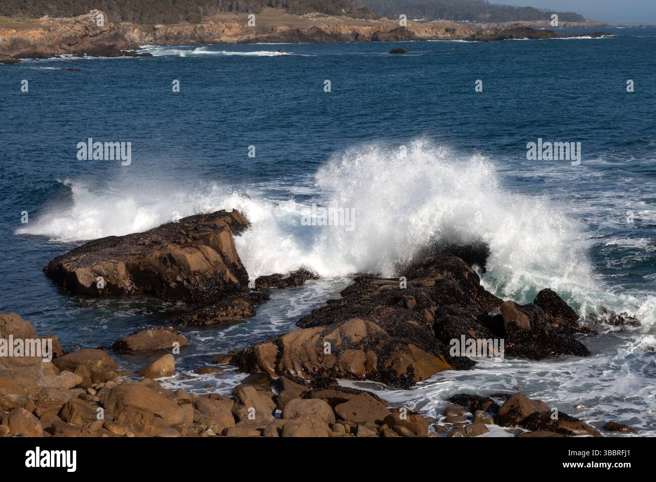 Waves of the Pacific Ocean wash against the eroded sedimentary rocks of ...