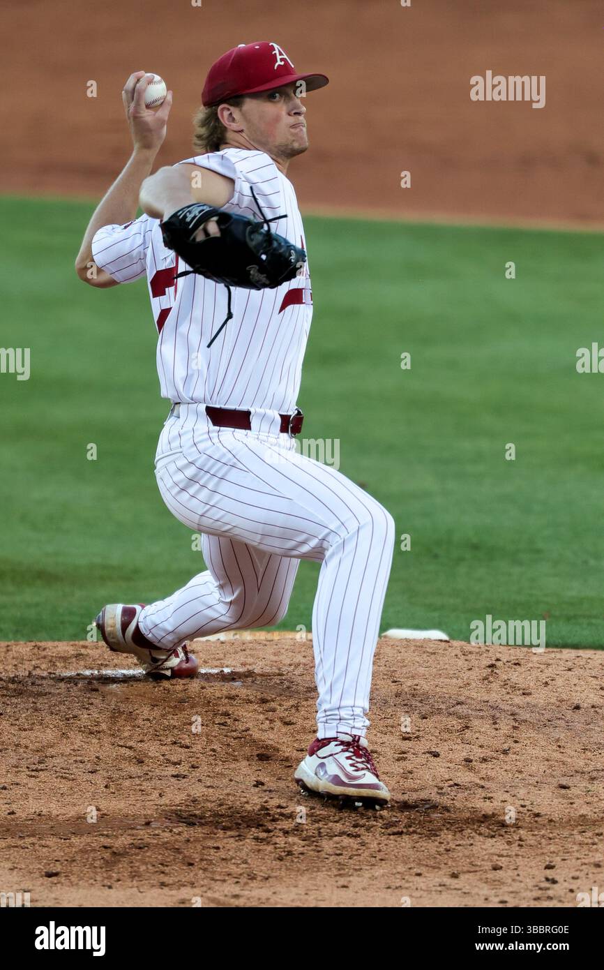Fayetteville, AR. 16th May, 2025. Cole Gibler (29) pitcher for Arkansas ...