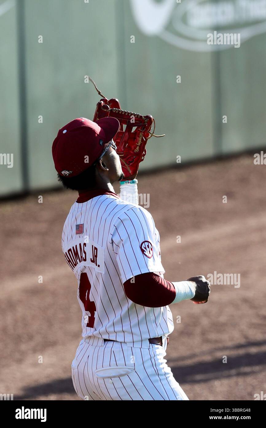 Fayetteville, AR. 16th May, 2025. Razorback outfielder Justin Thomas Jr ...