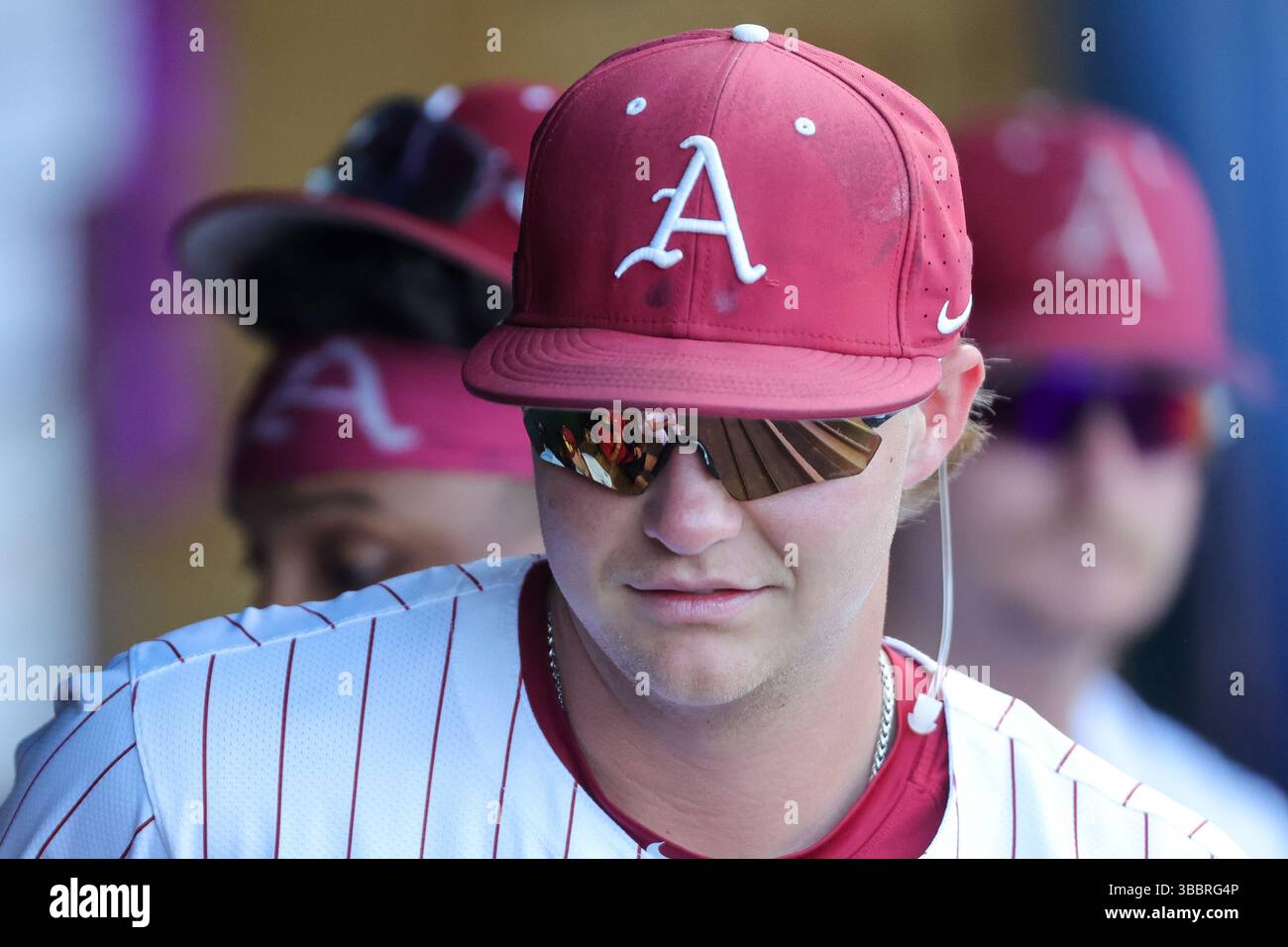 Fayetteville, AR. 16th May, 2025. Hogs first baseman Reese Robinett (18 ...
