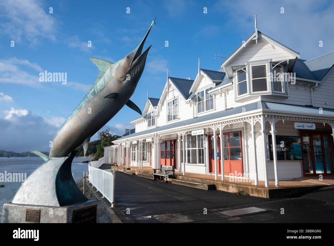 Statue of Marlin fish outside restaurants on wharf at Paihia, Bay of ...