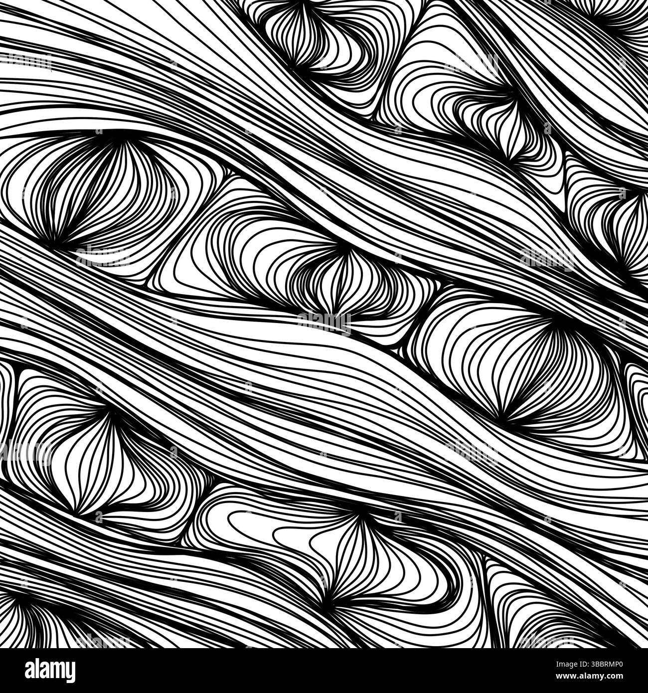 Abstract black and white pattern of wavy hand-drawn lines forming fluid ...