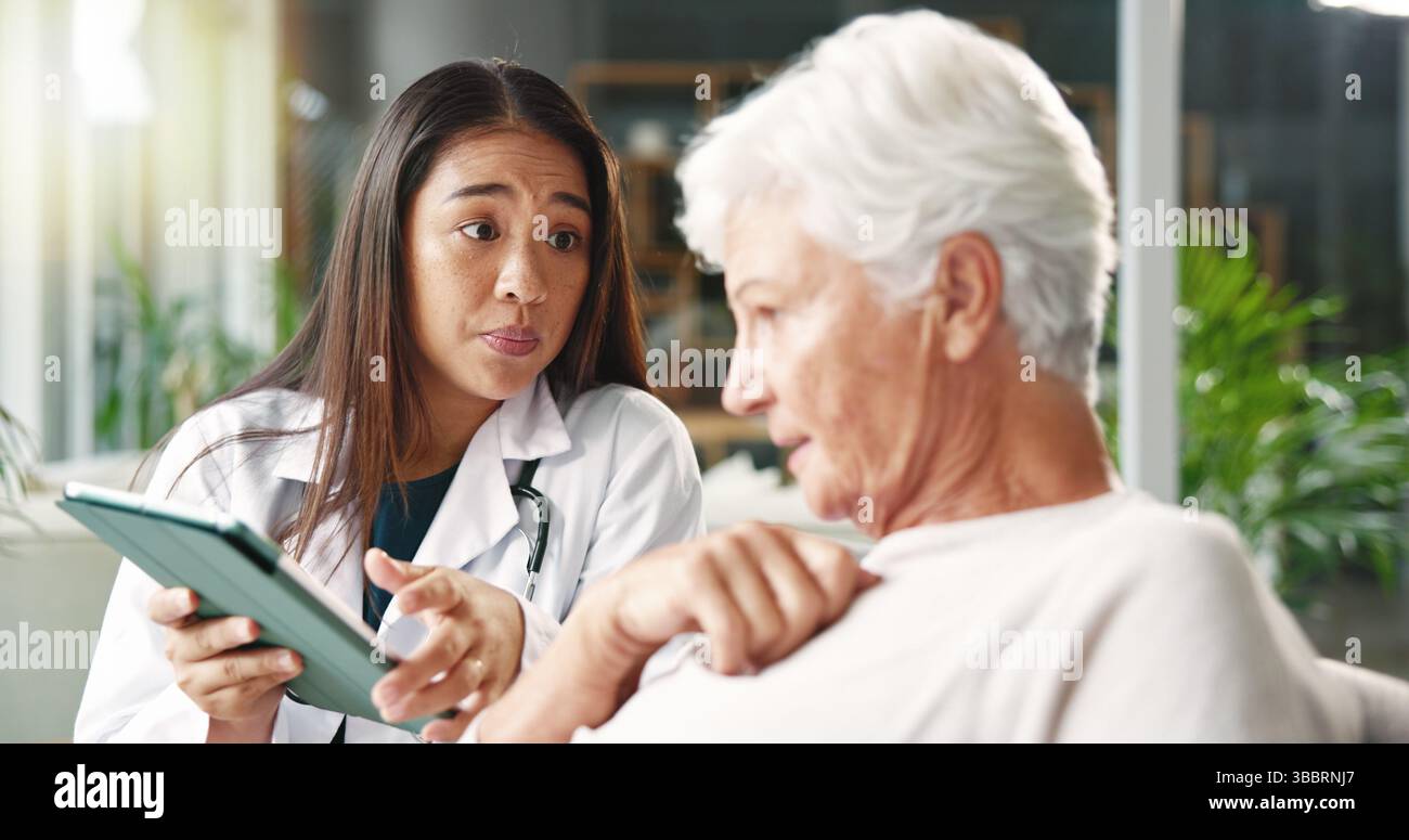 Old woman, doctor and shock with tablet, sad and test results with ...