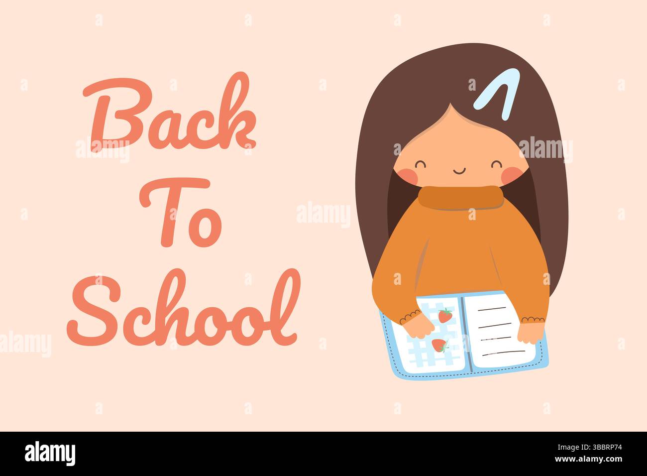 Back to school poster with cute girl. Kawaii girl writing to the ...