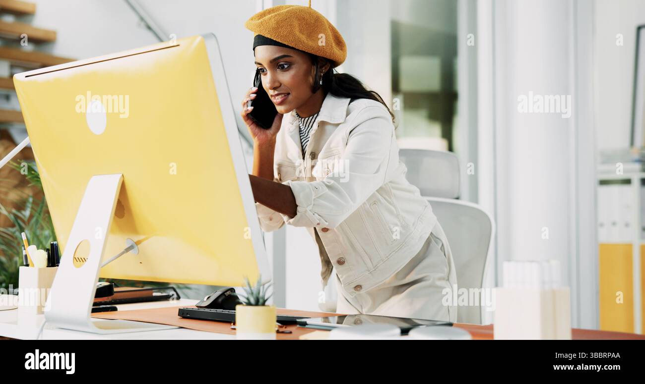 Woman, phone call and review with computer in office for discussion ...