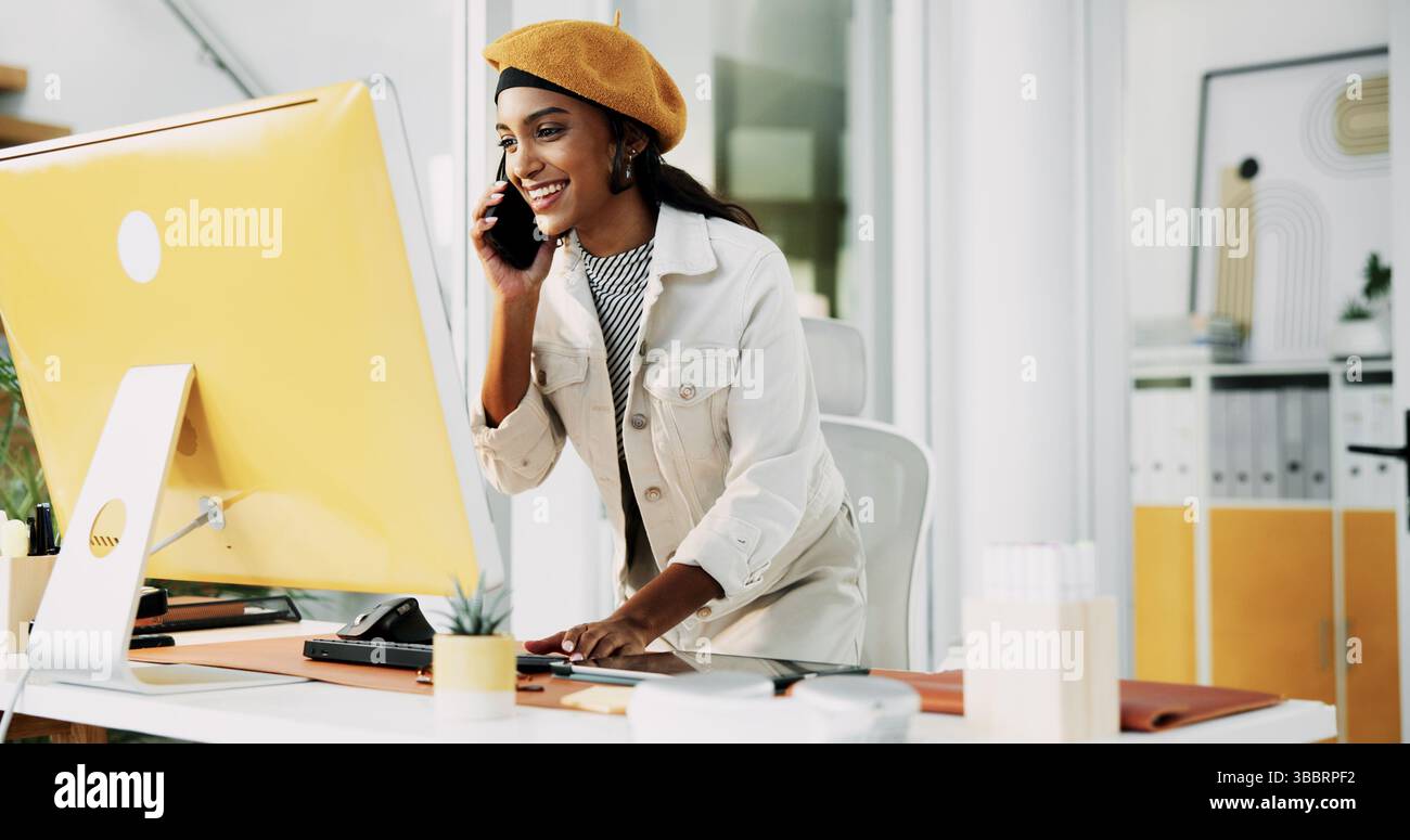 Happy, woman and phone call with computer in office for discussion ...