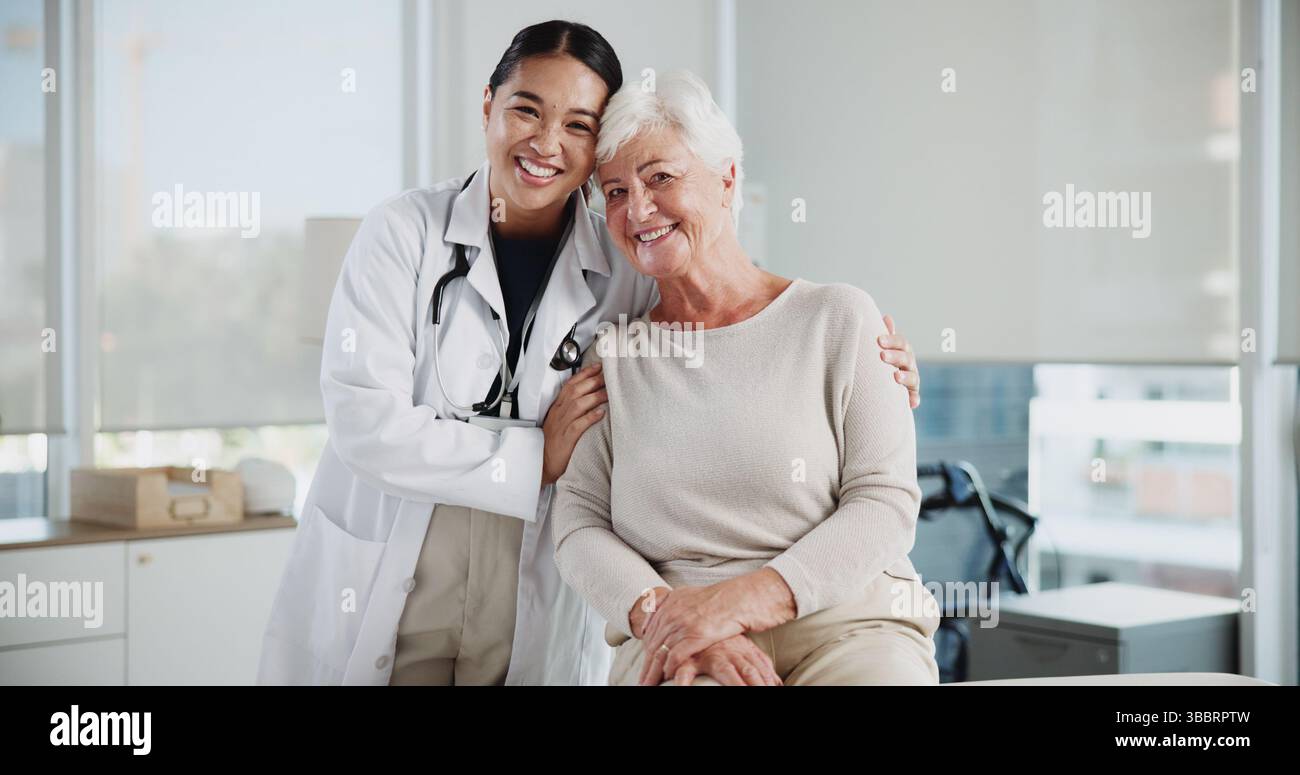Senior woman, doctor and hug in portrait at clinic with support ...