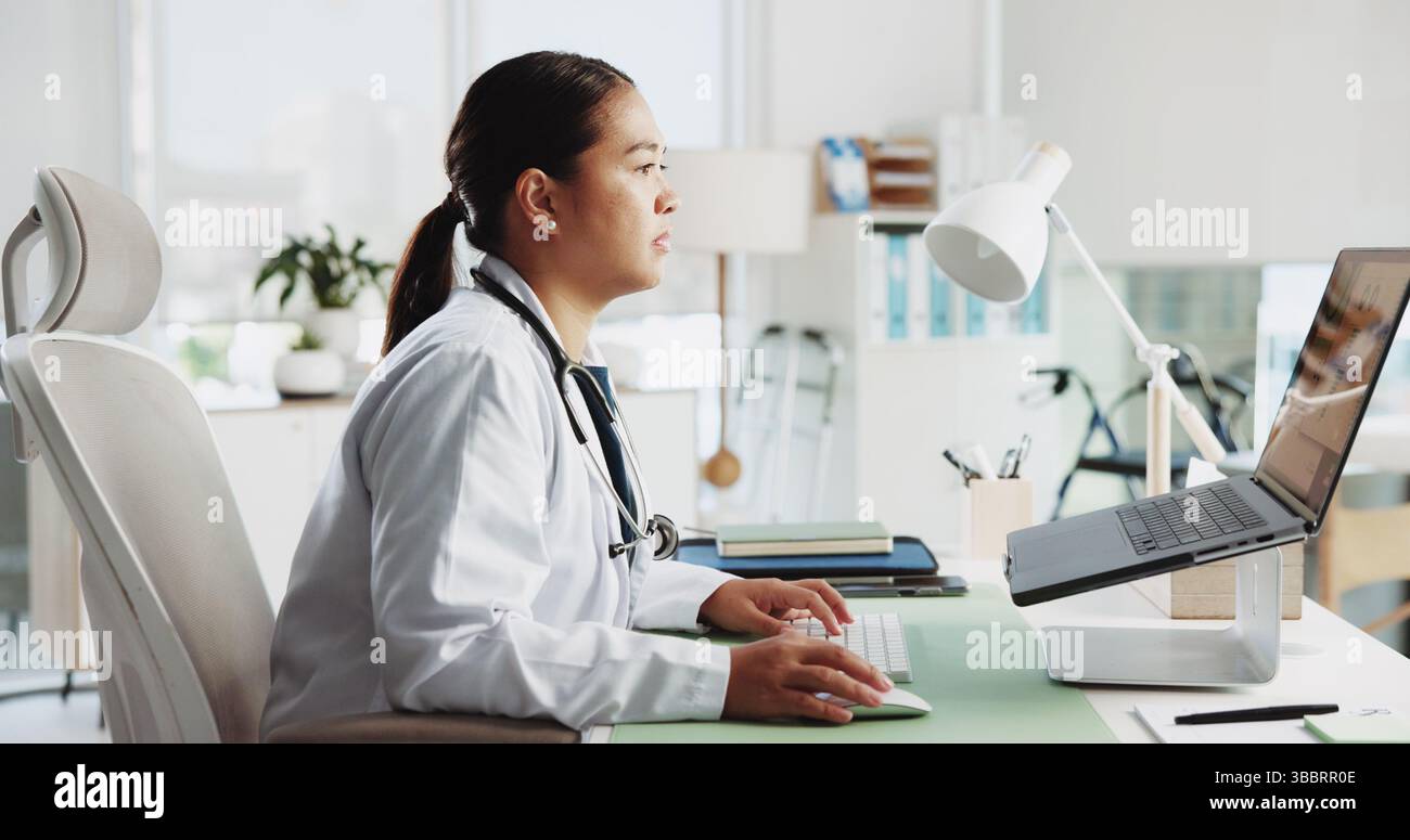 Healthcare, doctor and woman with laptop, research and medical ...