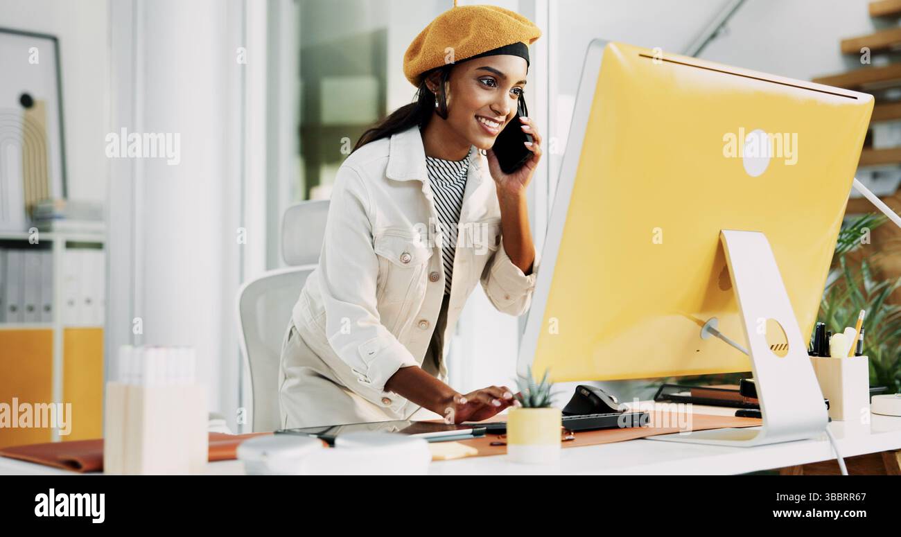 Woman, phone call and reading on computer in office for discussion ...