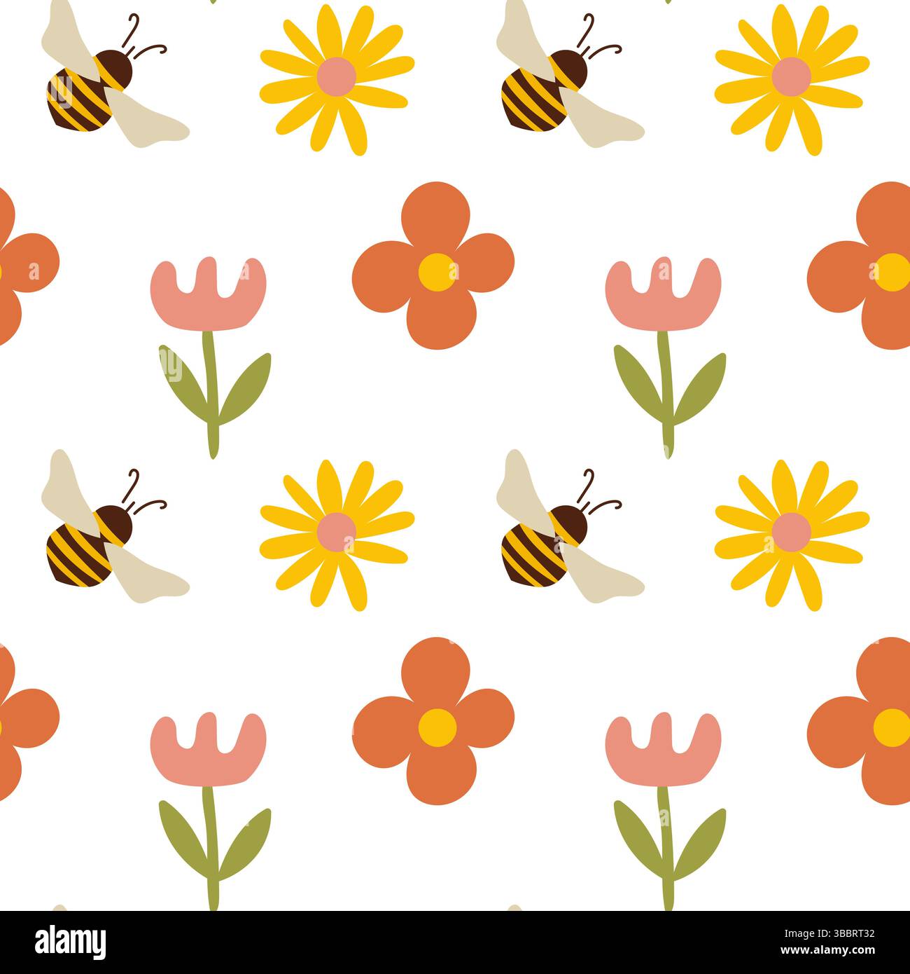 Cute summer seamless pattern with bee and wild simple flowers Stock ...